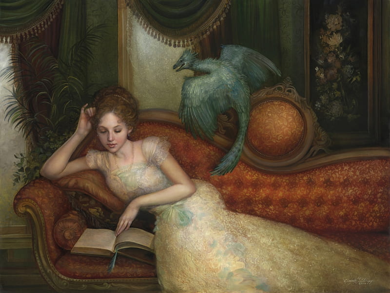 Art Fantasy Luminos Girl Reading Annie Stegg Sofa Dragon