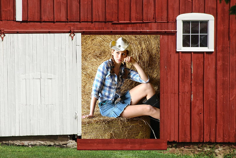 Day Dreaming Cowgirl Female Models Hats Boots Ranch Fun Hay