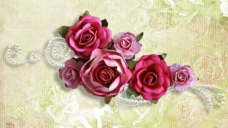 Bright Roses And Pearls Flowers Pearls Roses Vintage Hd Wallpaper