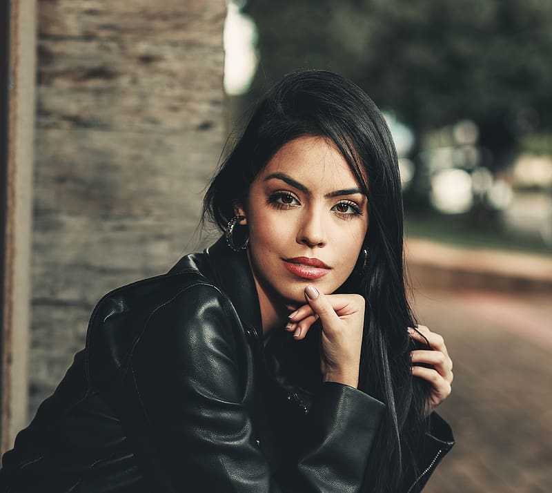 Model Women Brown Eyes Black Hair Depth Of Field Leather Jacket