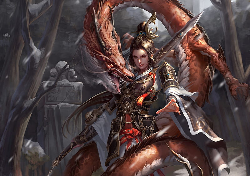 Fantasy Girl And Dragon Red Art Fantasy Luminos Girl Dragon